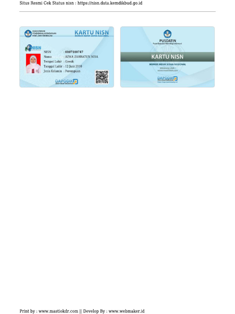 Cetak - Kartu - Nisn - AZWA ZAHRATUN NISA | PDF
