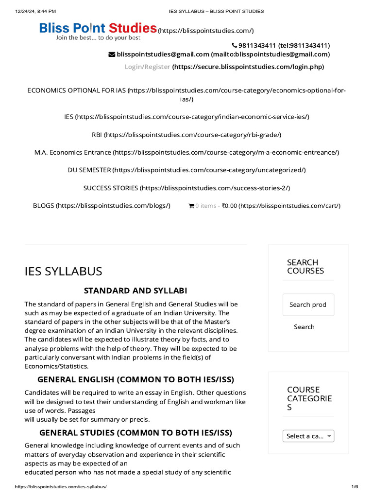 Ies Syllabus - Bliss Point Studies | PDF | Economics | Welfare Economics