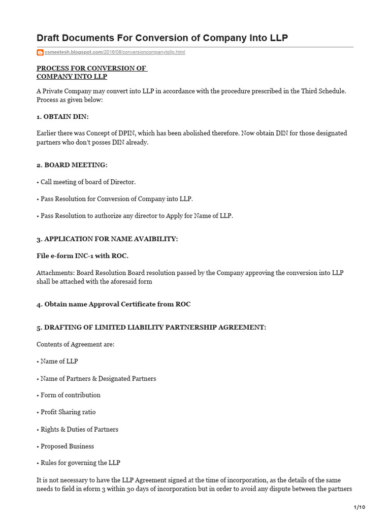 Draft Documents For Conversion of Company Into LLP | PDF | Limited ...