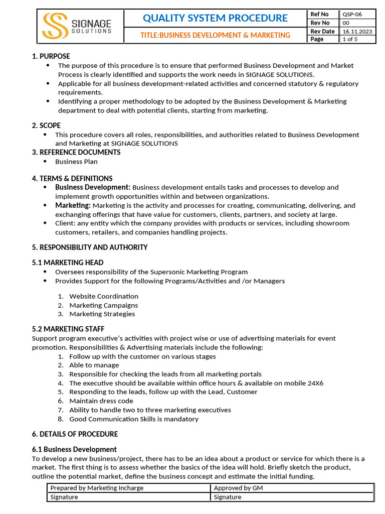 QSP-06 Procedure For Business Development and Marketing | PDF | Marketing | Business