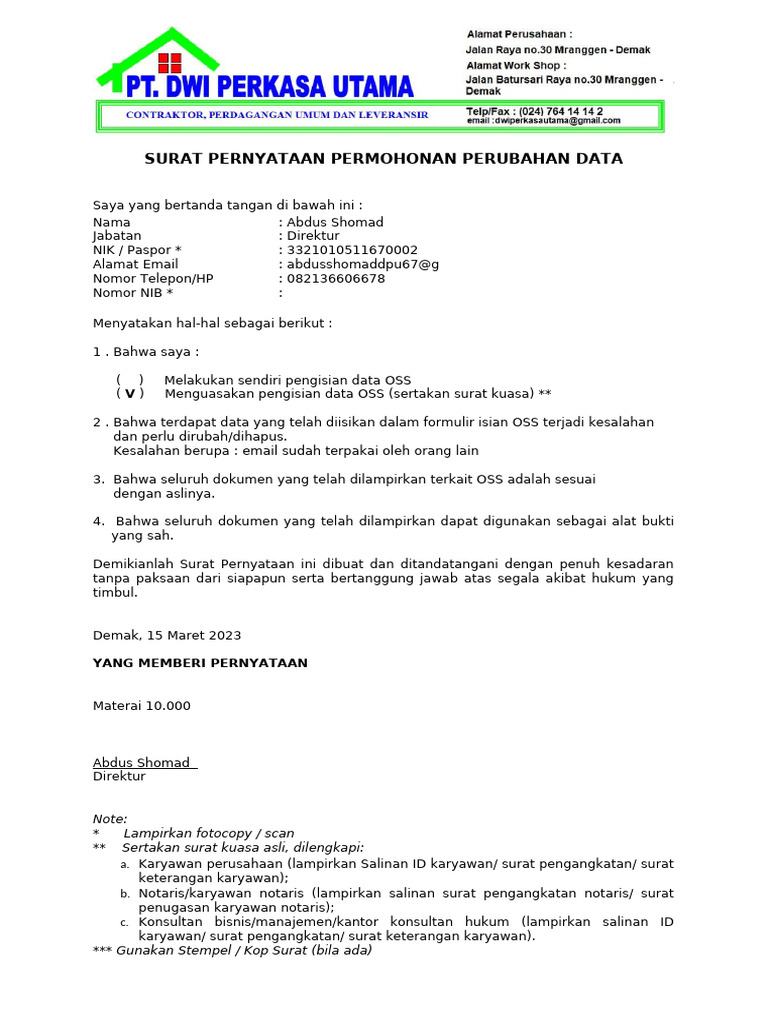Surat Permohonan Perubahan Data OSS | PDF