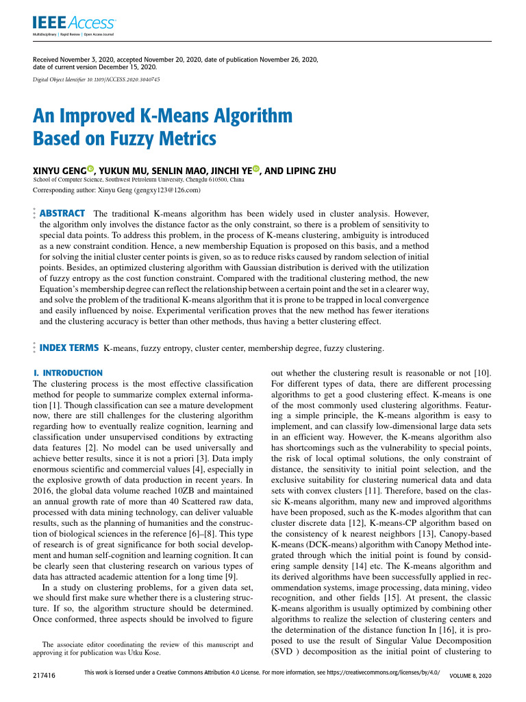 An Improved K-Means Algorithm Based On Fuzzy Metrics | PDF | Cluster Analysis | Theoretical ...