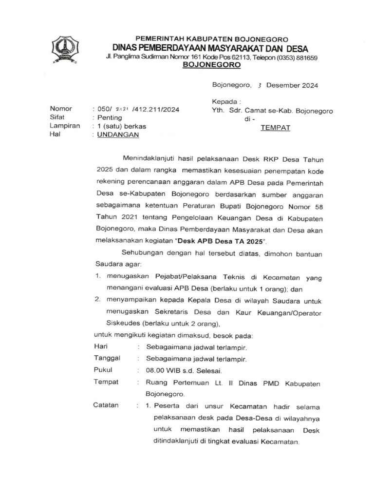 Surat Camat - Undangan Desk APB Desa TA 2025 | PDF
