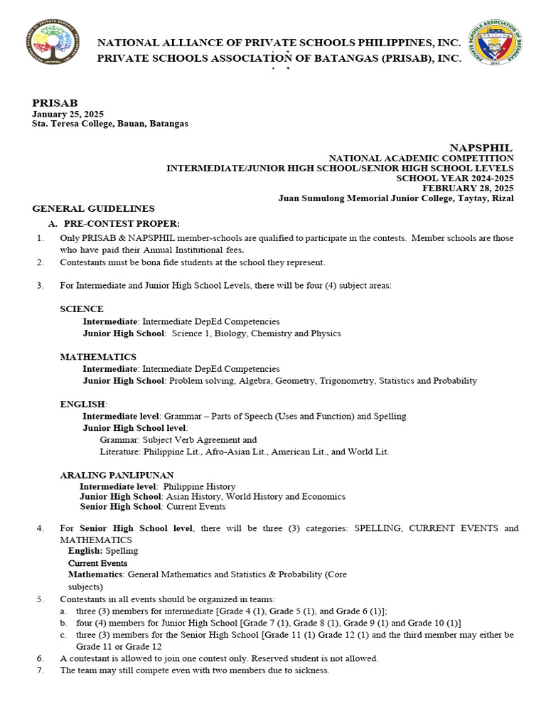 Sy 2024 2025 Prisab Napsphil Academic Competition | PDF | Mathematics ...