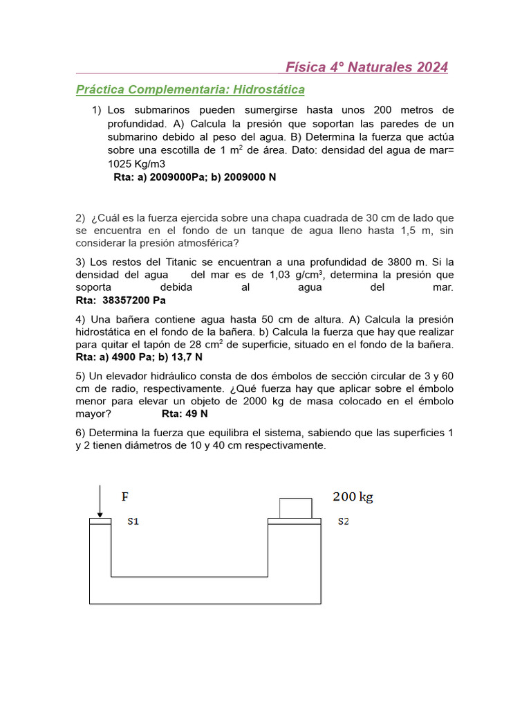 Hidrost-Tica Ejercicios y Problemas | PDF | Presión | Densidad