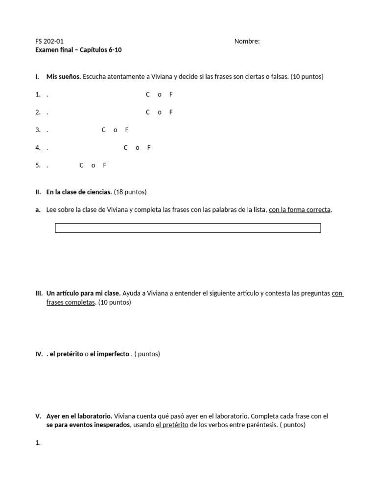 Examen Final de Español: Capítulos 6-10 | PDF