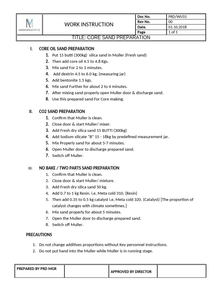 Core Sand Preparation Instructions | PDF