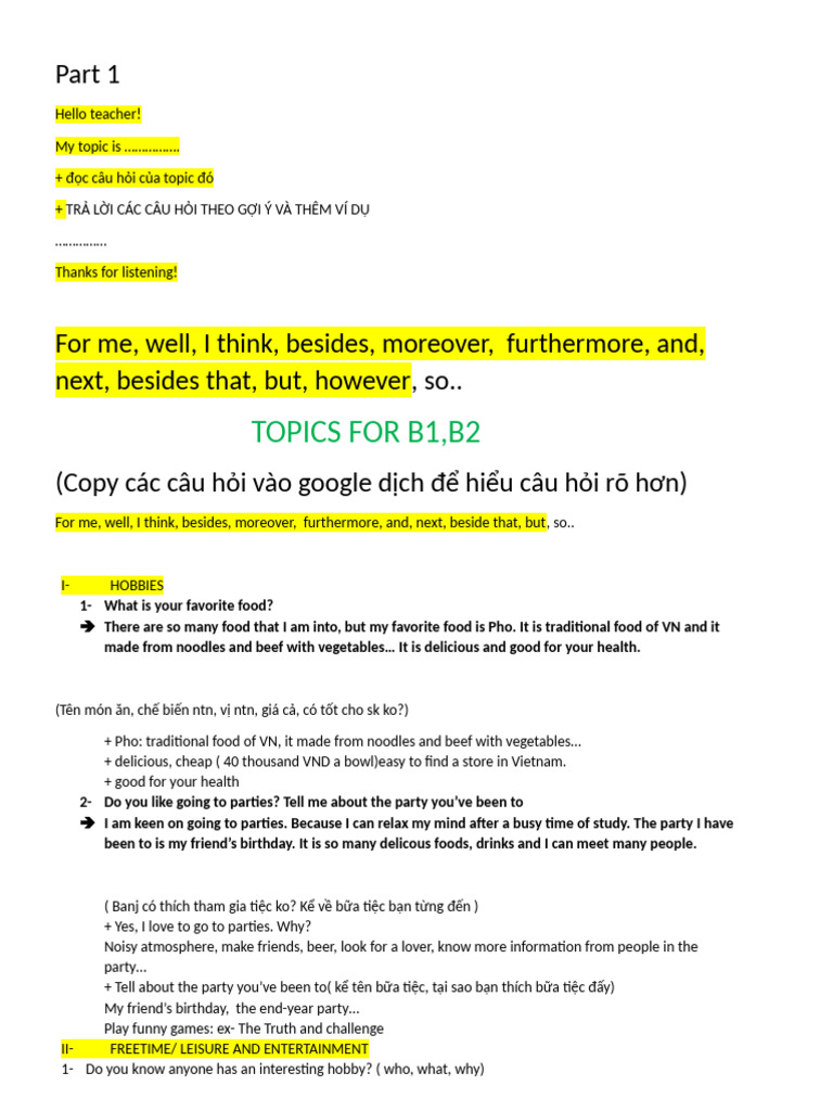 B1 Speaking Topics and Examples | PDF