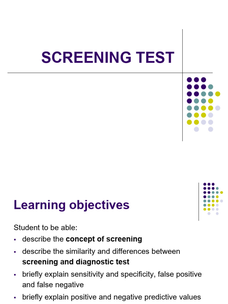Screening test | PDF | Sensitivity And Specificity | Screening (Medicine)