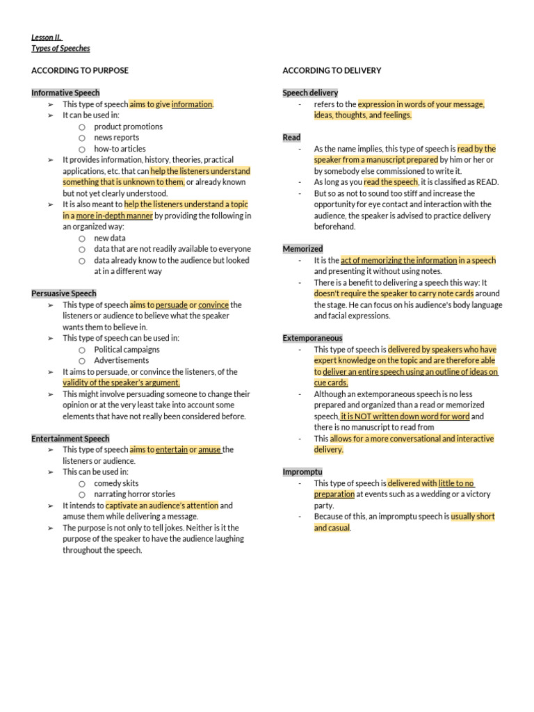 Lesson II. Types of Speeches | PDF | Cognition | Communication