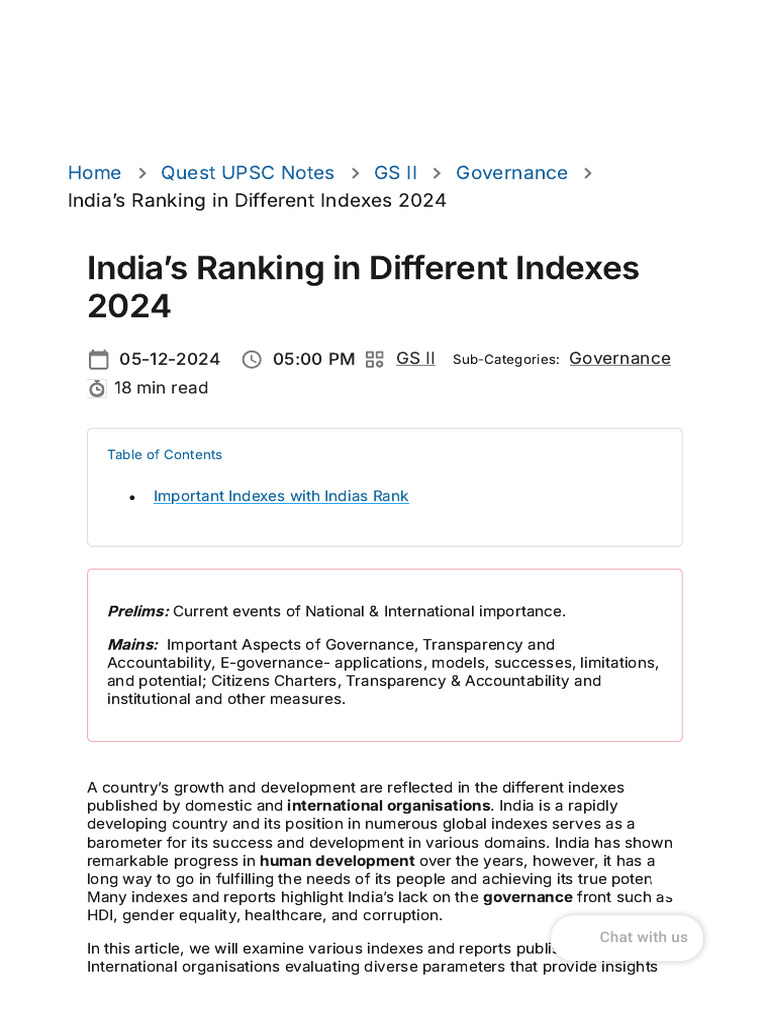 India’s Global Index Rankings 2024 | PDF | Governance | Air Pollution