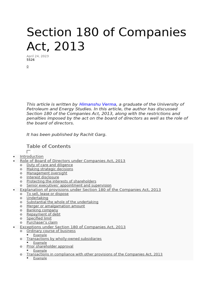 Overview of Section 180, Companies Act 2013 | PDF | Board Of Directors ...