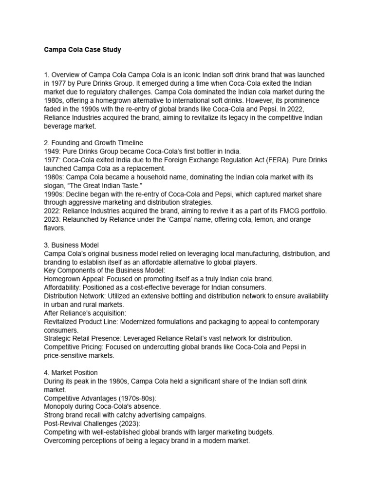 Campa Cola Case Study | PDF | Coca Cola | Marketing