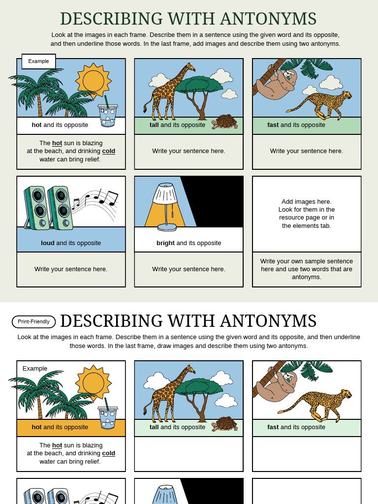 Antonyms (Worksheet) Storyboard in Grey Blue Simple Lined Style ...
