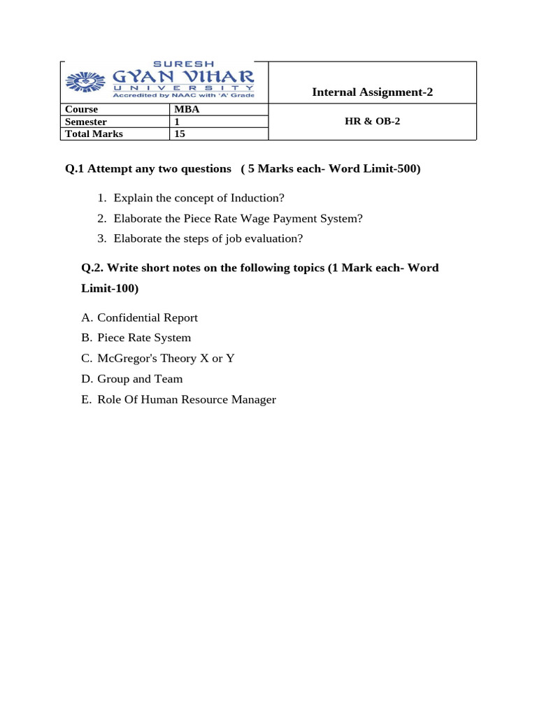 Internal Assignment-2: Course MBA HR & OB-2 Semester 1 Total Marks 15 | PDF
