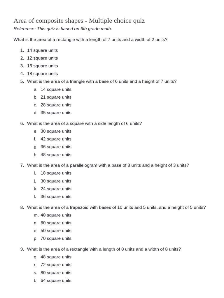 Area of Composite Shapes - Multiple Choice Quiz | PDF | Area | Quantity