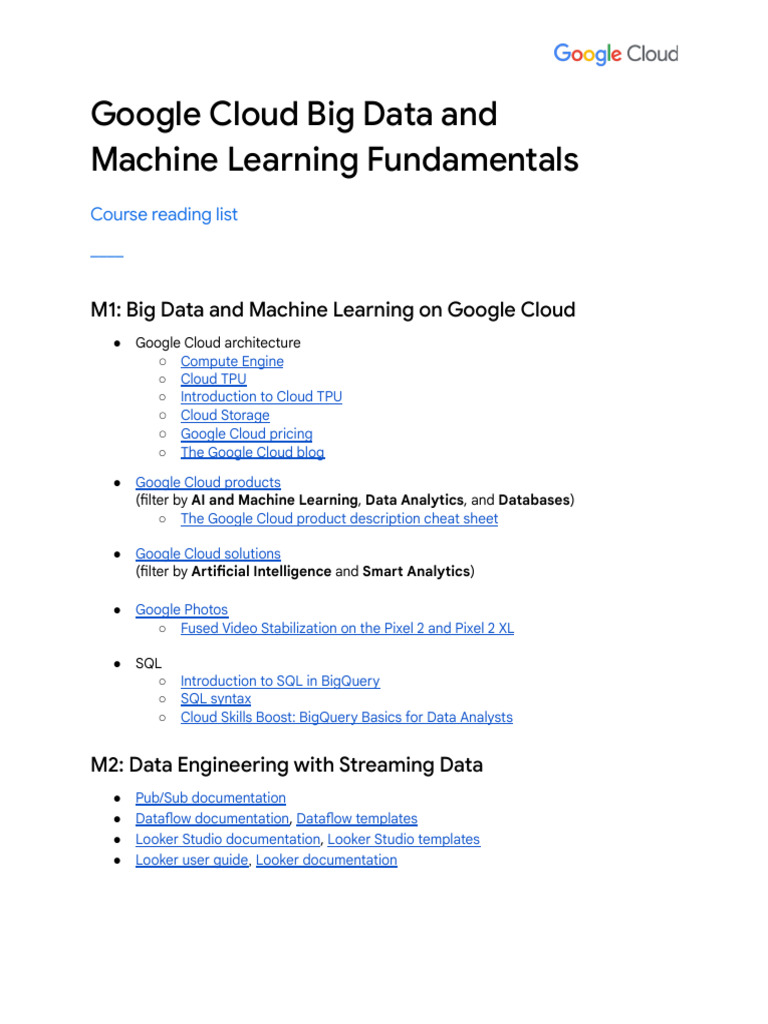 Course Reading List - Google Cloud Big Data and Machine Learning Fundamentals | PDF