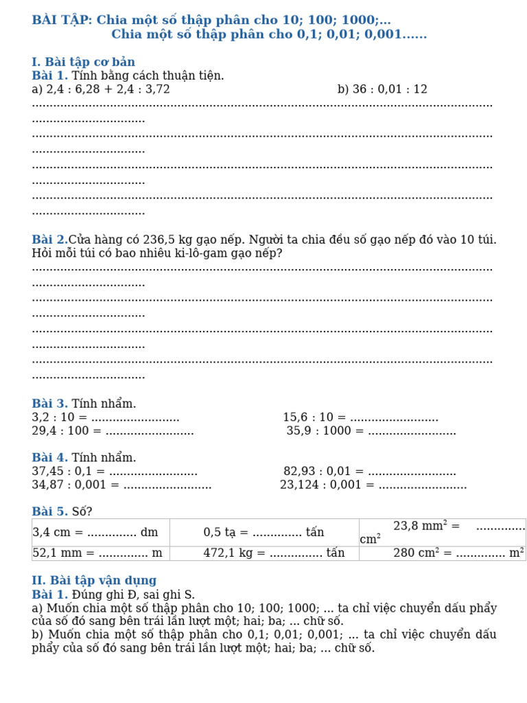Bai tap Chia mot so thap phan cho 10 | PDF