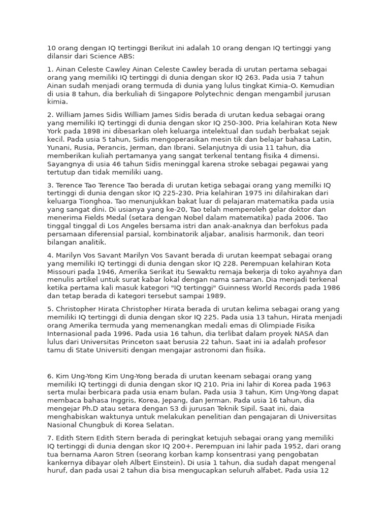 10 orang dengan IQ tertinggi Berikut ini adalah 10 orang dengan IQ ...