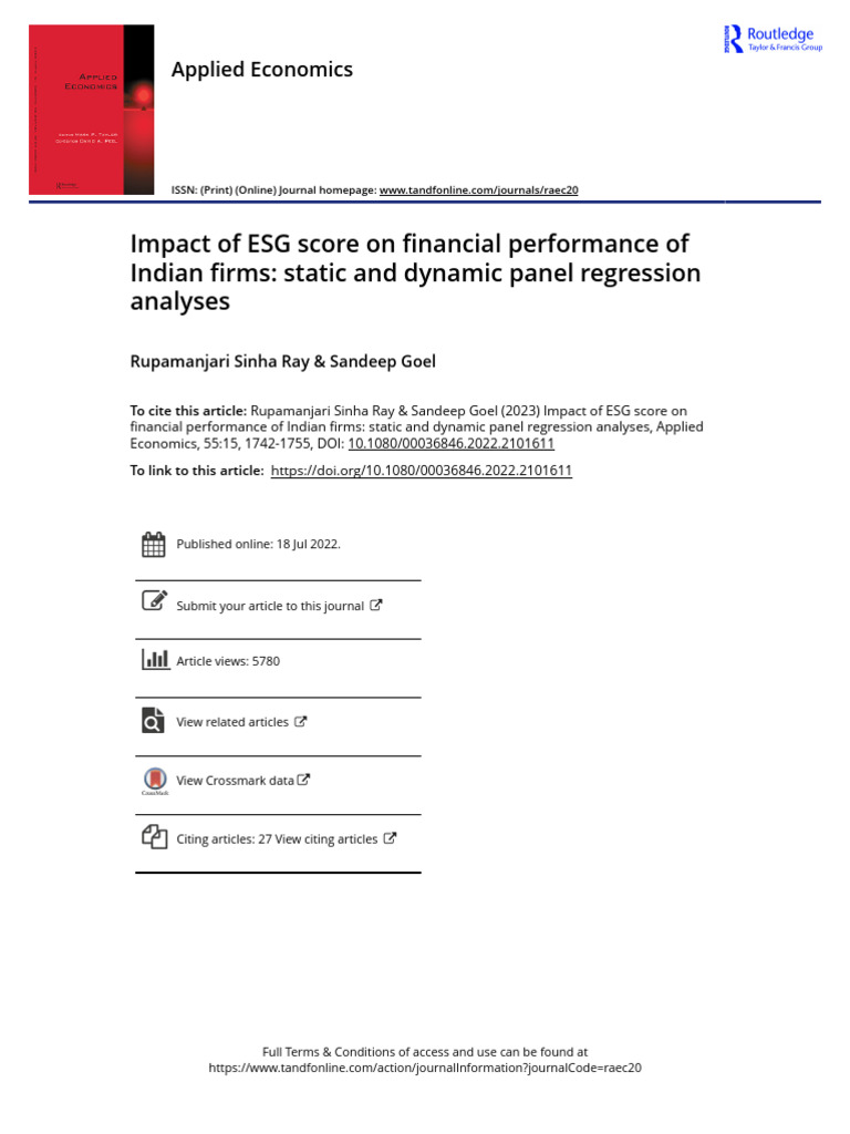 Impact of ESG Score On Financial Performance of Indian Firms Static and ...