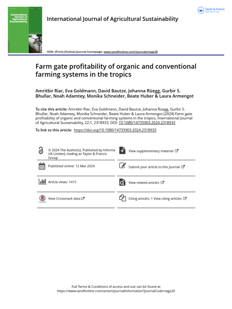 Farm Gate Profitability of Organic and Conventional Farming Systems in ...