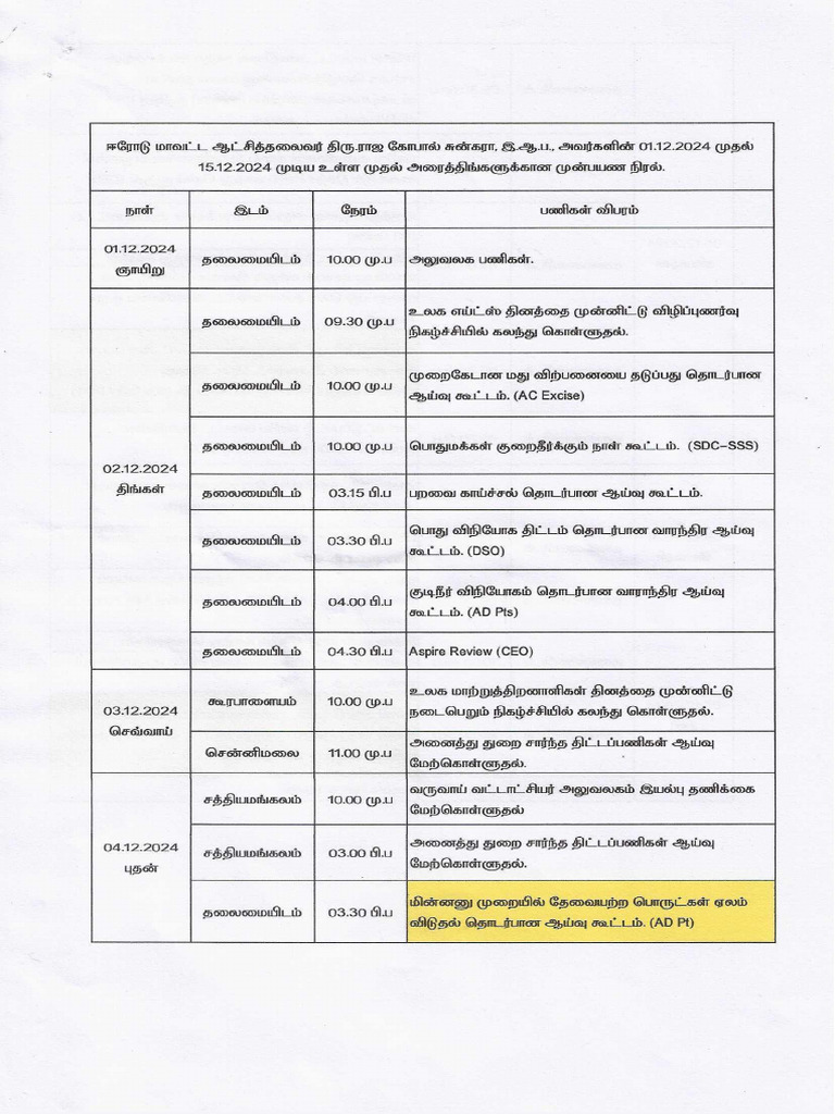 Collector Sir Tour Programme Dec 1st Fortnight | PDF