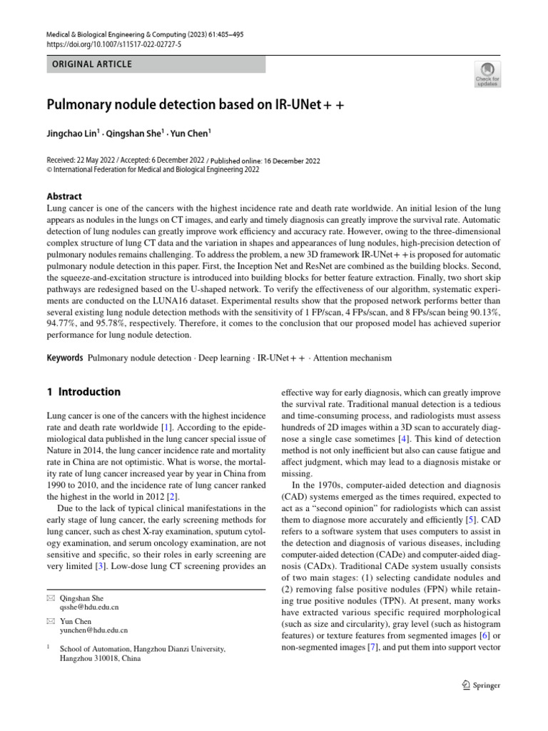 Pulmonary Nodule Detection Based On IR UNet ++ | PDF | Deep Learning | Lung Cancer