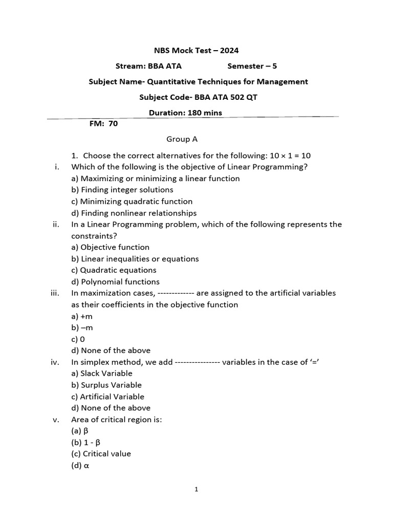 MT Bba Ata 502 QP 101224 | PDF | Sampling (Statistics) | Linear Programming