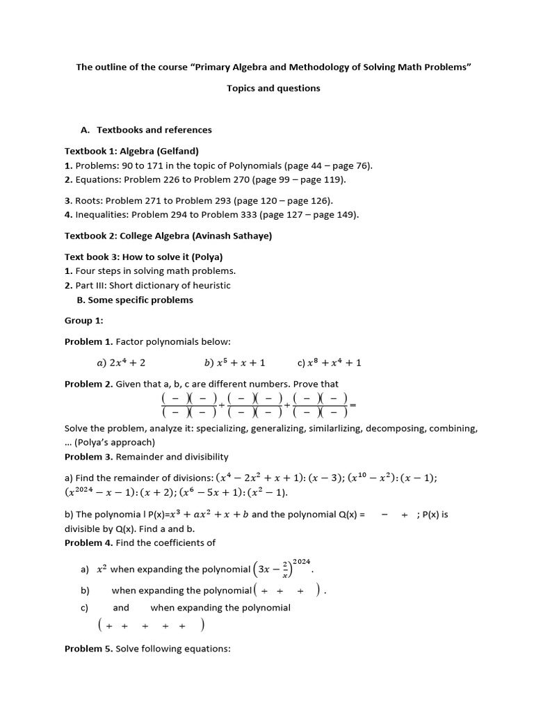 The Outline of The Course - Primary Algebra and Methodologies of ...