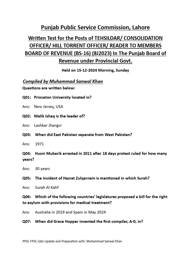 Today's PPSC Tehsildar BPS-16 Solved GK Paper by M Sanwa | PDF