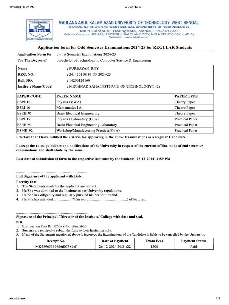 Buddhu Sem 1 Exam Form | PDF