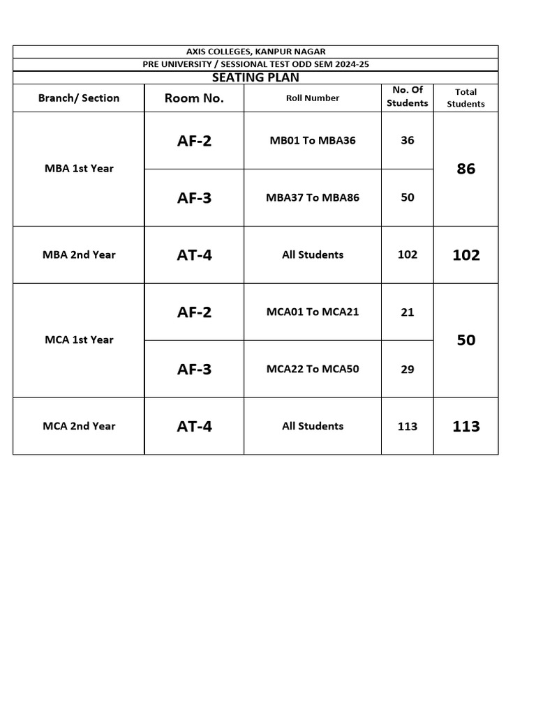 MBA MCA Seating Plan PUT Sessional Test Odd Sem 2024-25 | PDF