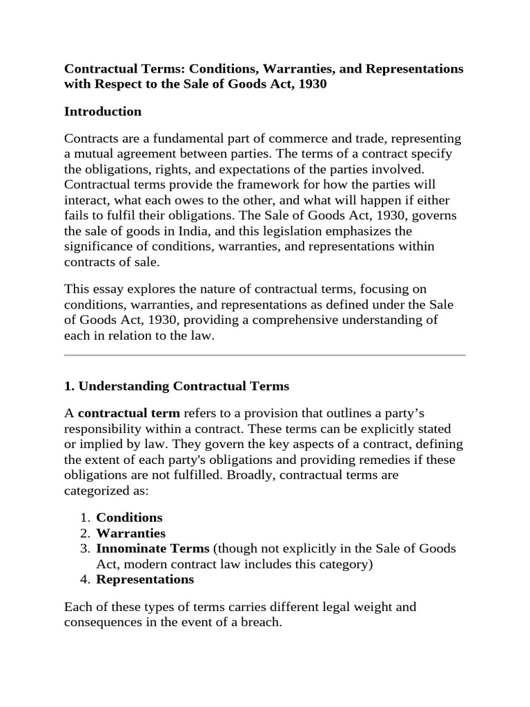 Contractual Terms Condition Warrenty Innominate Representation Under ...
