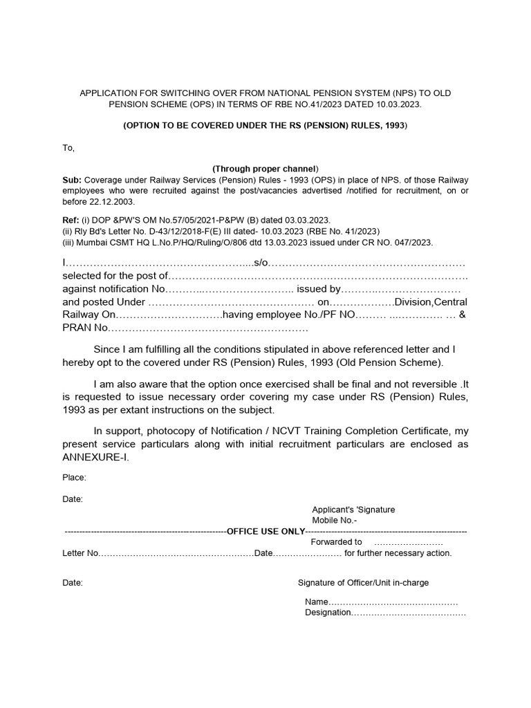 NPS To OPS Option Form Blank Format | PDF | Financial Services | Labor