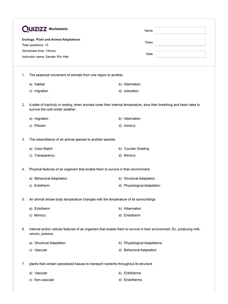 Quizizz - Ecology - Plant and Animal Adaptations | PDF | Adaptation ...