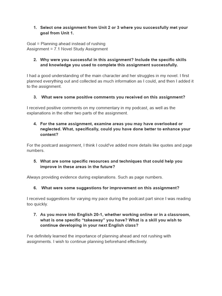 7.1 Novel Study Assignment | PDF