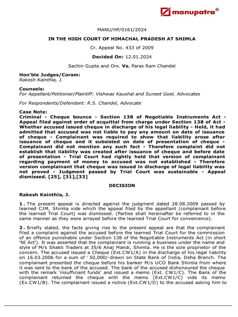 Sachin Gupta and Ors Vs Paras Ram Chandel 12012024HP2024240124160136128COM936321 | PDF | Burden ...