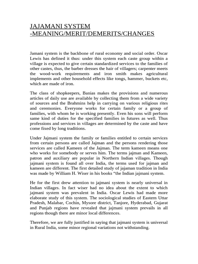 jajmani system-Notes | PDF | Caste | Economies