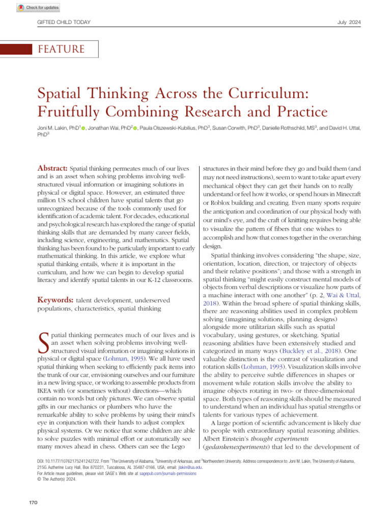 Lakin Et Al 2024 Spatial Thinking Across The Curriculum Fruitfully Combining Res | PDF | Thought ...
