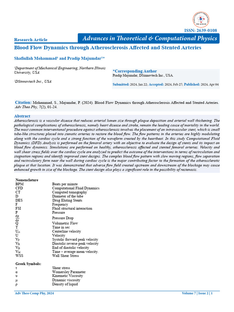 Blood Flow Dynamics Through Atherosclerosis Affected and Stented ...