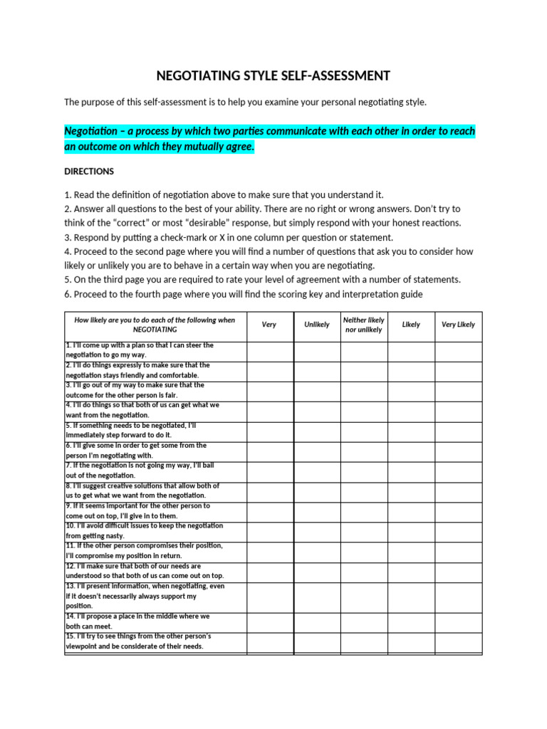 Negotiating Style Self Assessment Form With Interpretation | PDF ...