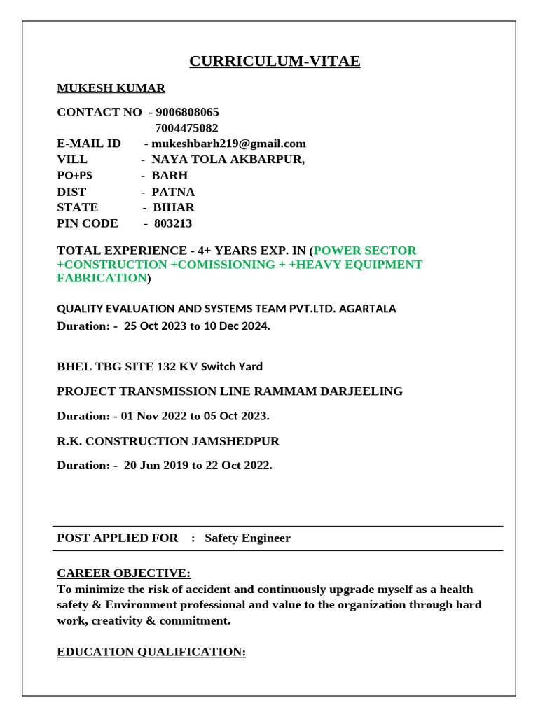 Safety Engineer CV - Mukesh Kumar | PDF