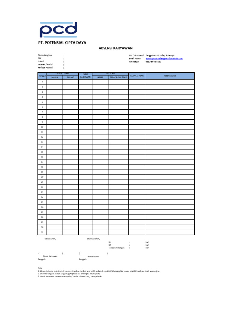 Form Absensi PCD Cut Off 01-30 - 31-Cosmos | PDF