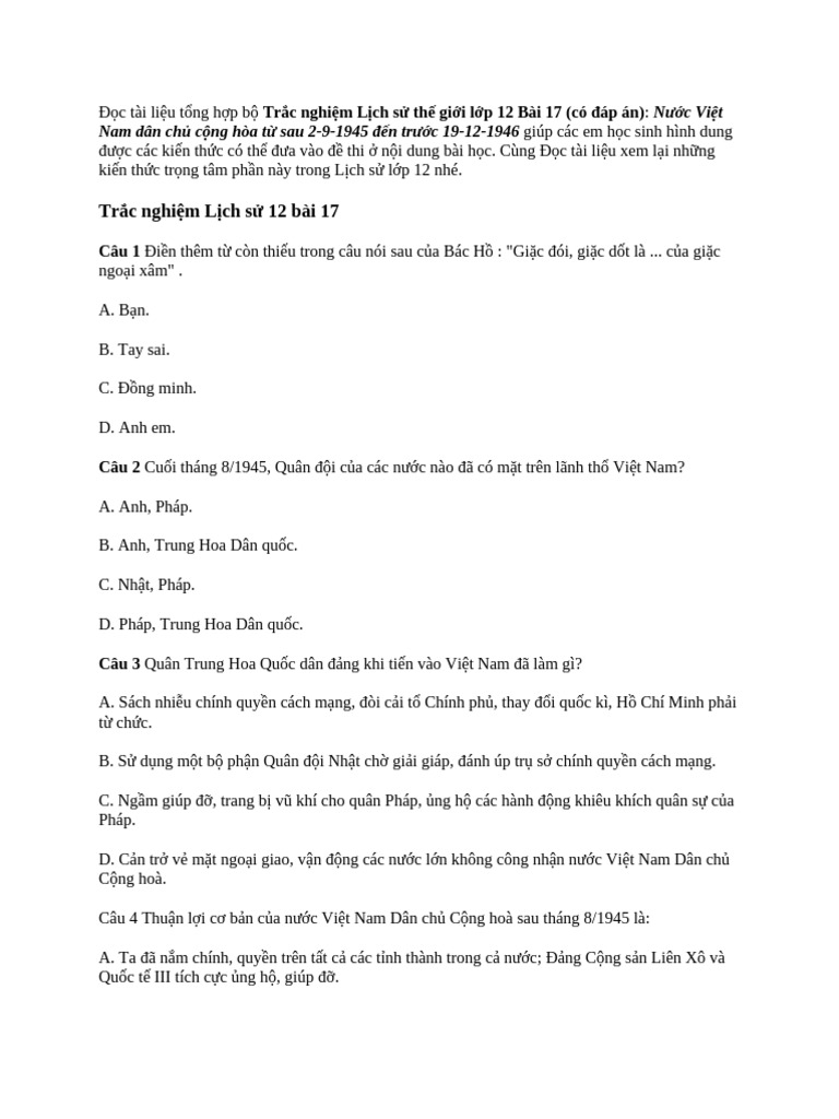 Trac Nghiem Lich Su 12 Bai 17 l2020 | PDF