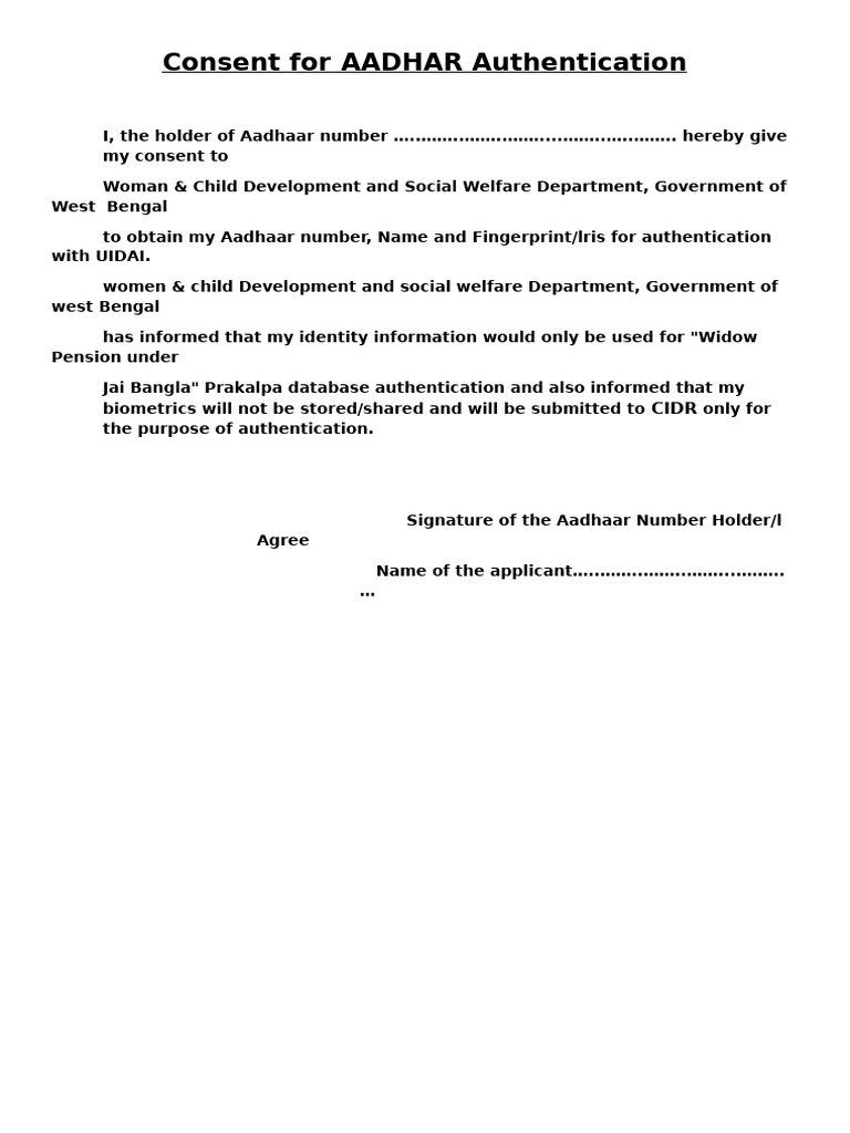 Consent for Aadhaar Authentication Form | PDF