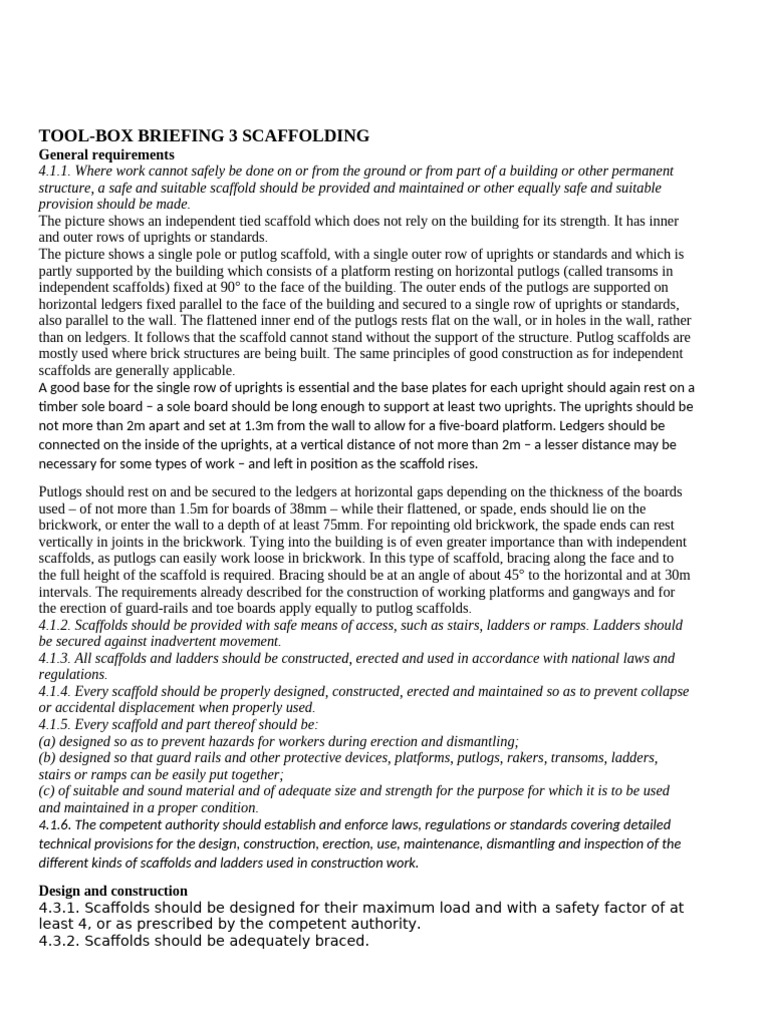 Tool-Box Briefing 3 Scaffolding | PDF | Scaffolding | Equipment