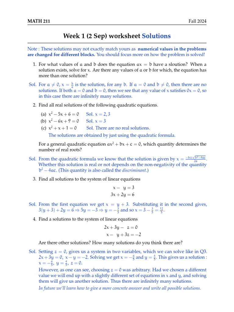 Week 1 Worksheet Answers | PDF | Quadratic Equation | Equations
