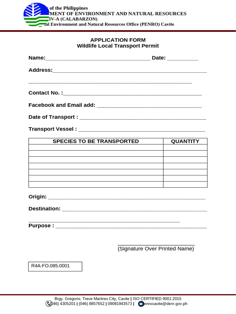 Wildlife Local Transport Permit Application | PDF