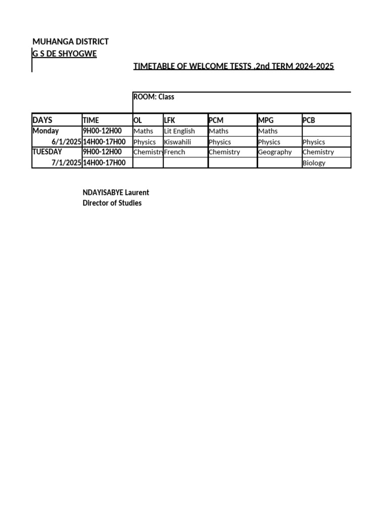 Welcome Test Timetable 2024-2025 | PDF