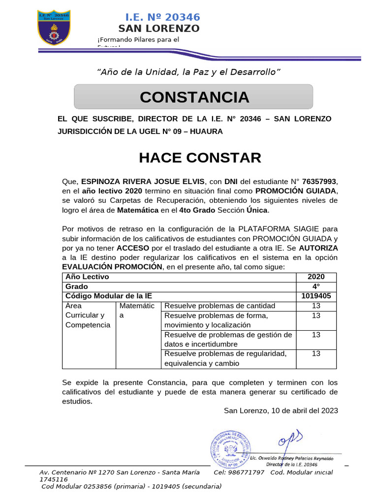 Constancia de Promoción Guiada 2020 | PDF
